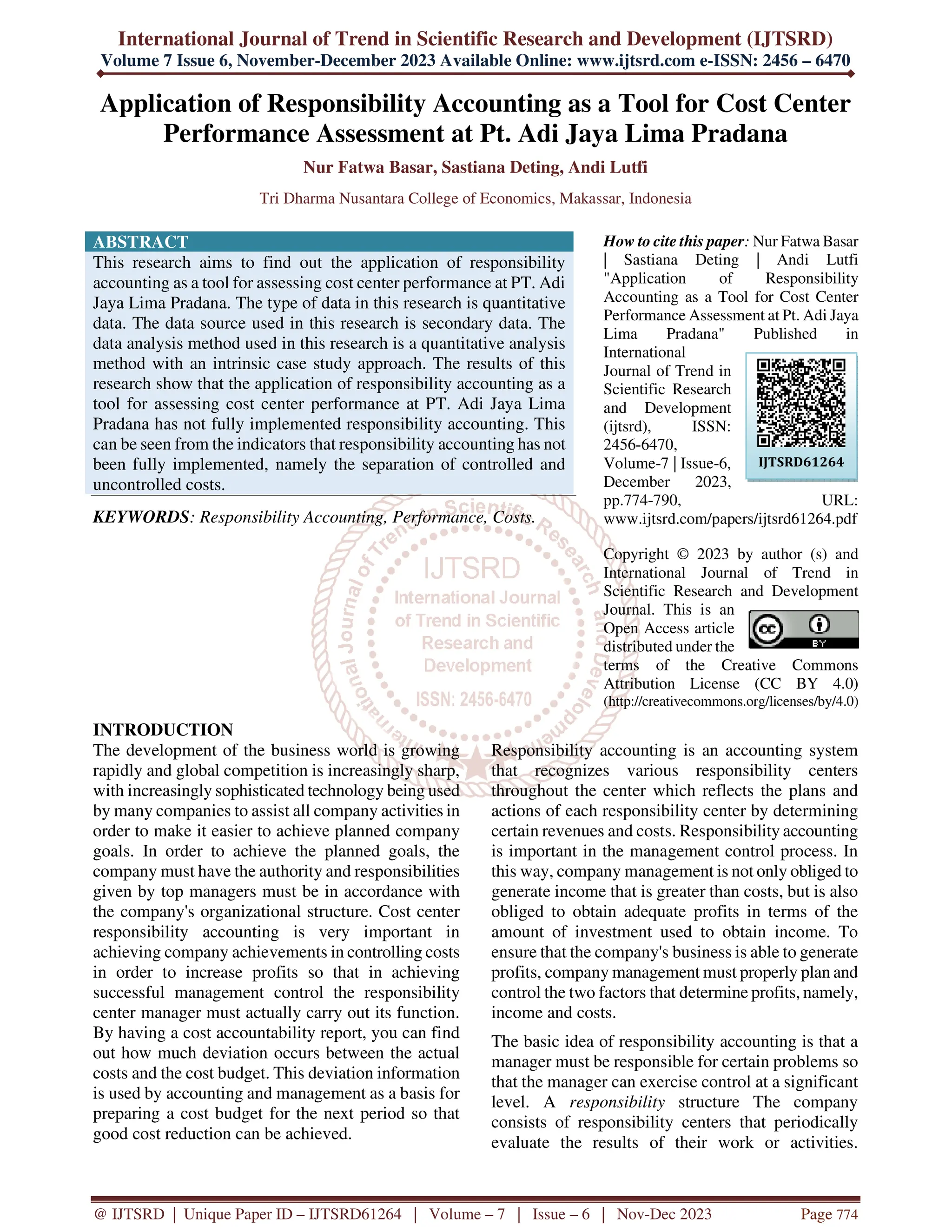 Application of Responsibility Accounting as a Tool for Cost Center Performance Assessment at Pt ...