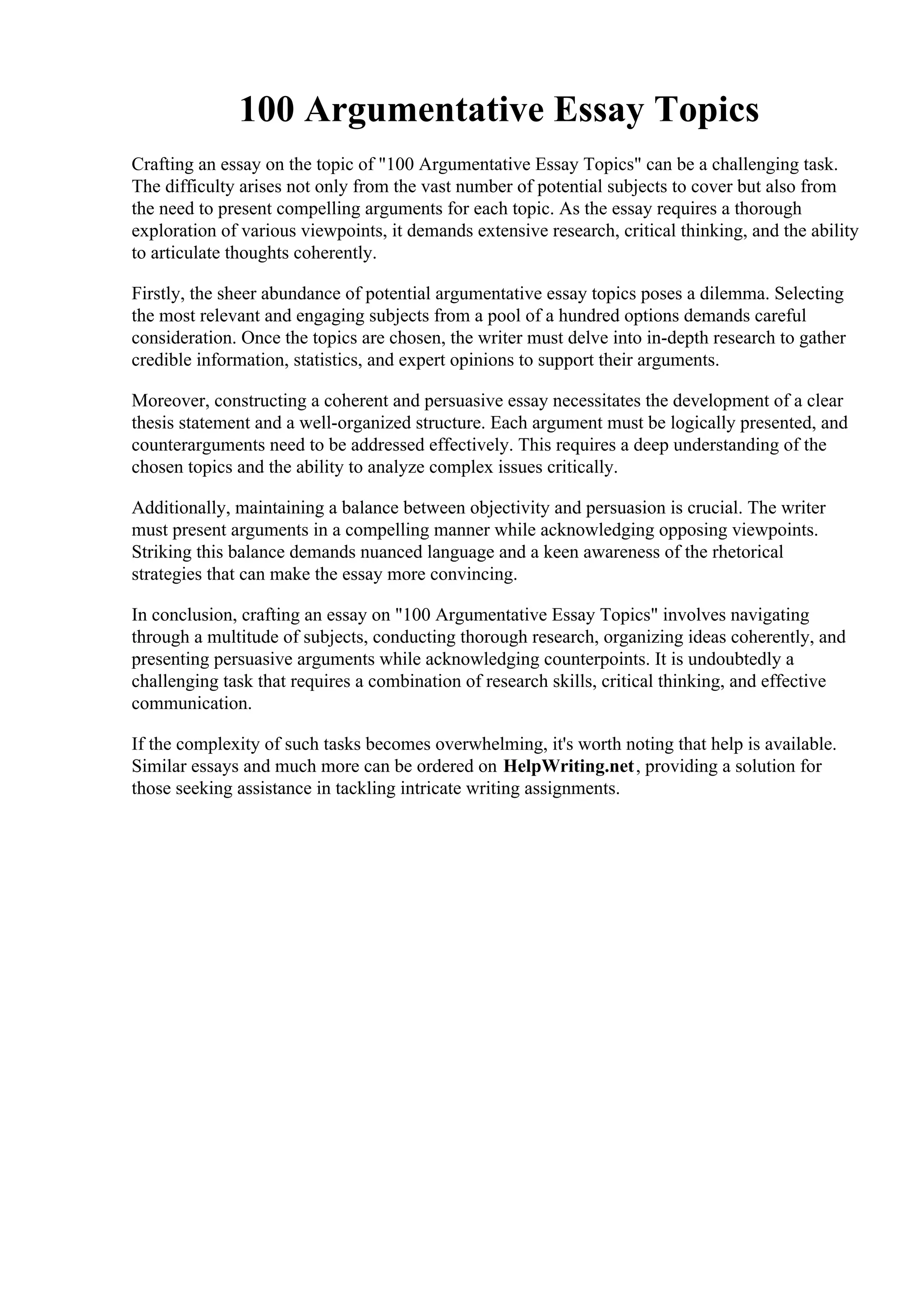 100 Argumentative Essay Topics | PDF