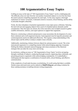 100 Argumentative Essay Topics | PDF