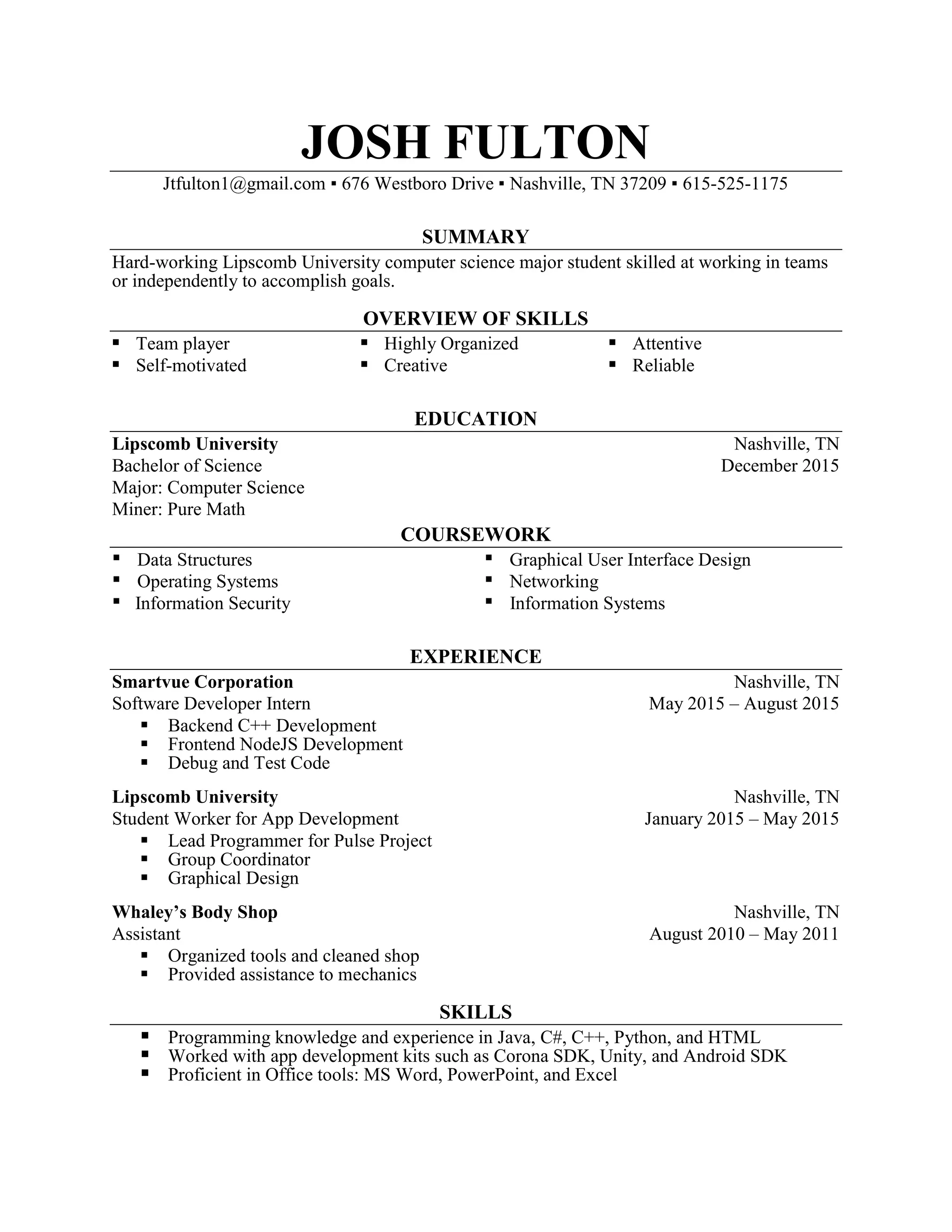 Josh Fulton 2016 Resume | PDF