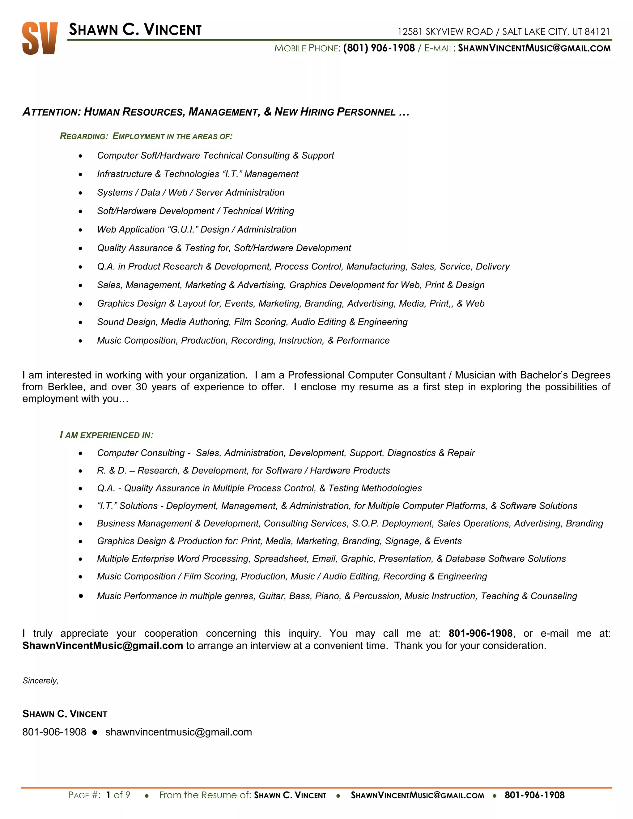 Shawn Vincent - Resume - FULL - 7-1-2016 | PDF