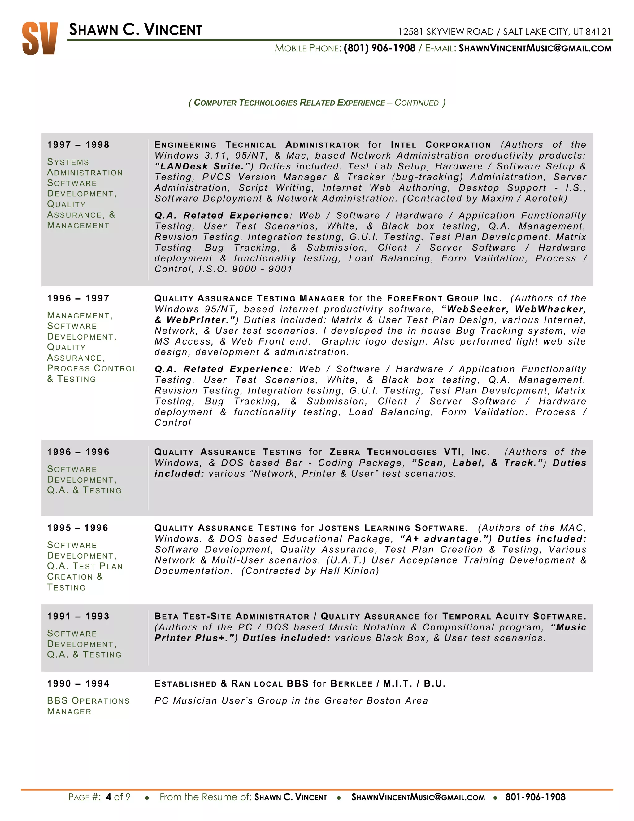 Shawn Vincent - Resume - FULL - 7-1-2016 | PDF