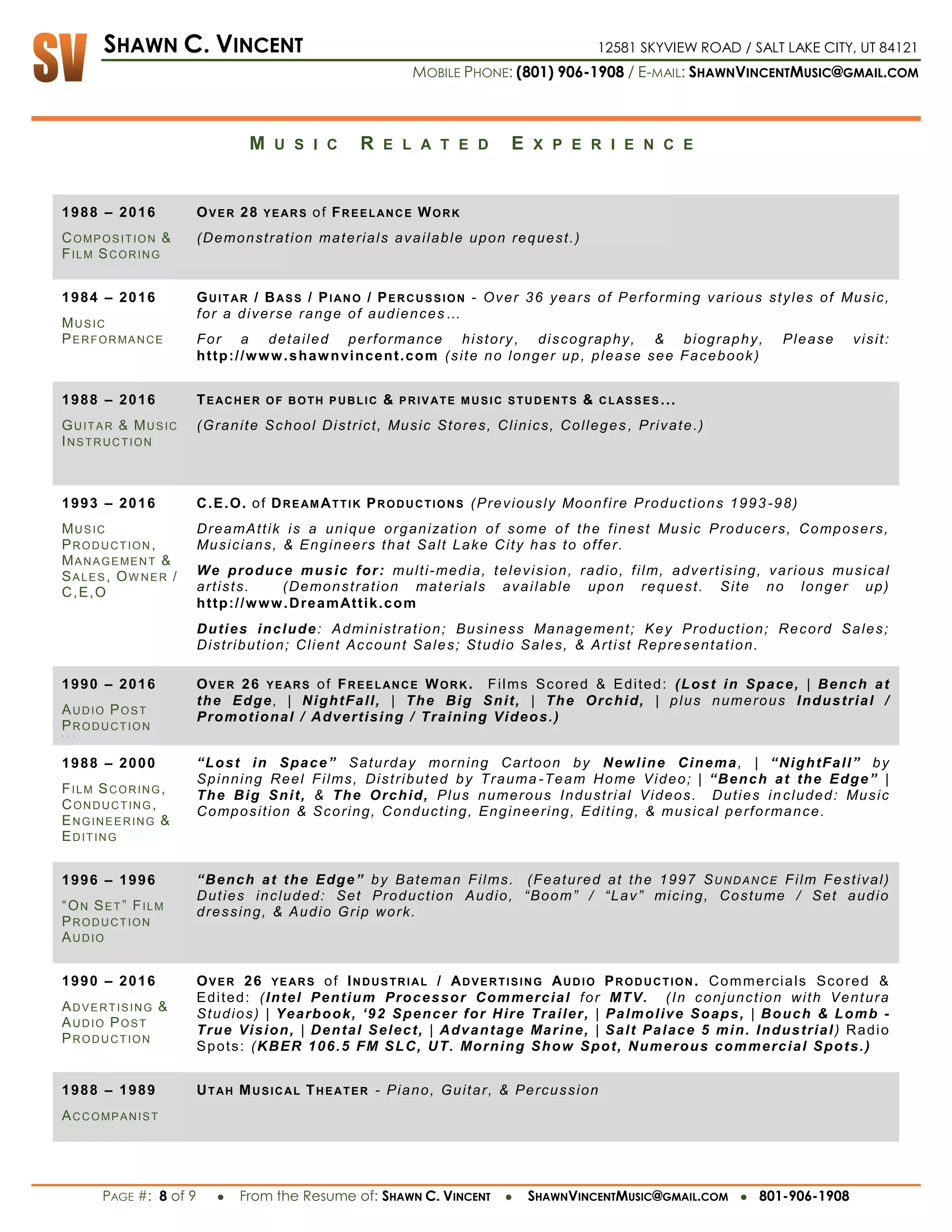 Shawn Vincent - Resume - FULL - 7-1-2016 | PDF