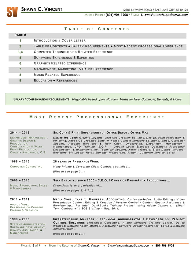 Shawn Vincent - Resume - FULL - 7-1-2016 | PDF