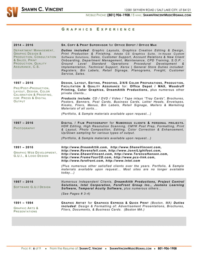 Shawn Vincent - Resume - FULL - 7-1-2016 | PDF