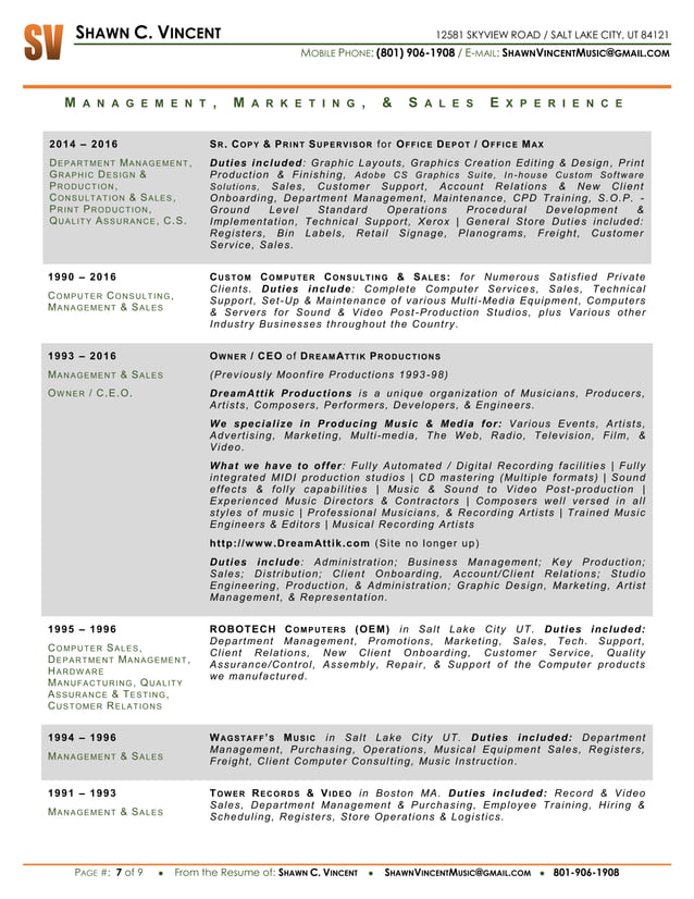 Shawn Vincent - Resume - FULL - 7-1-2016 | PDF