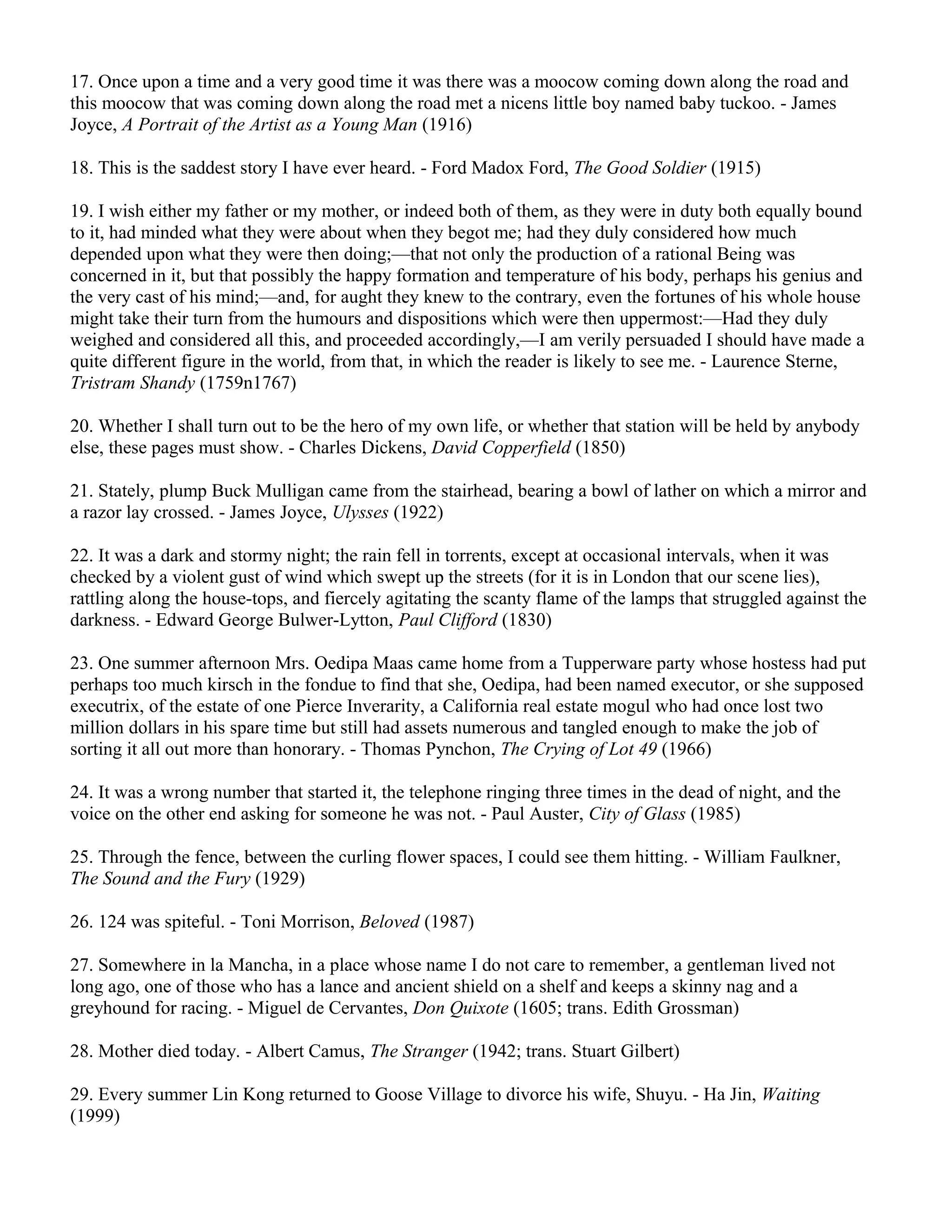 100 best first lines from novels | DOC | Fiction | Books and Literature