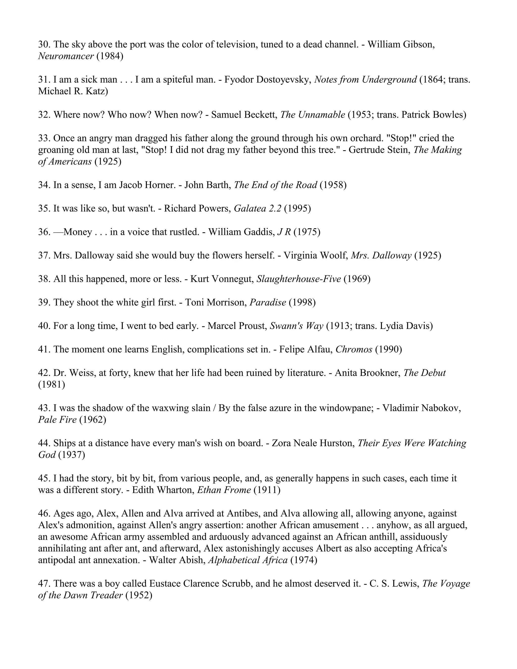 100 best first lines from novels | DOC | Fiction | Books and Literature