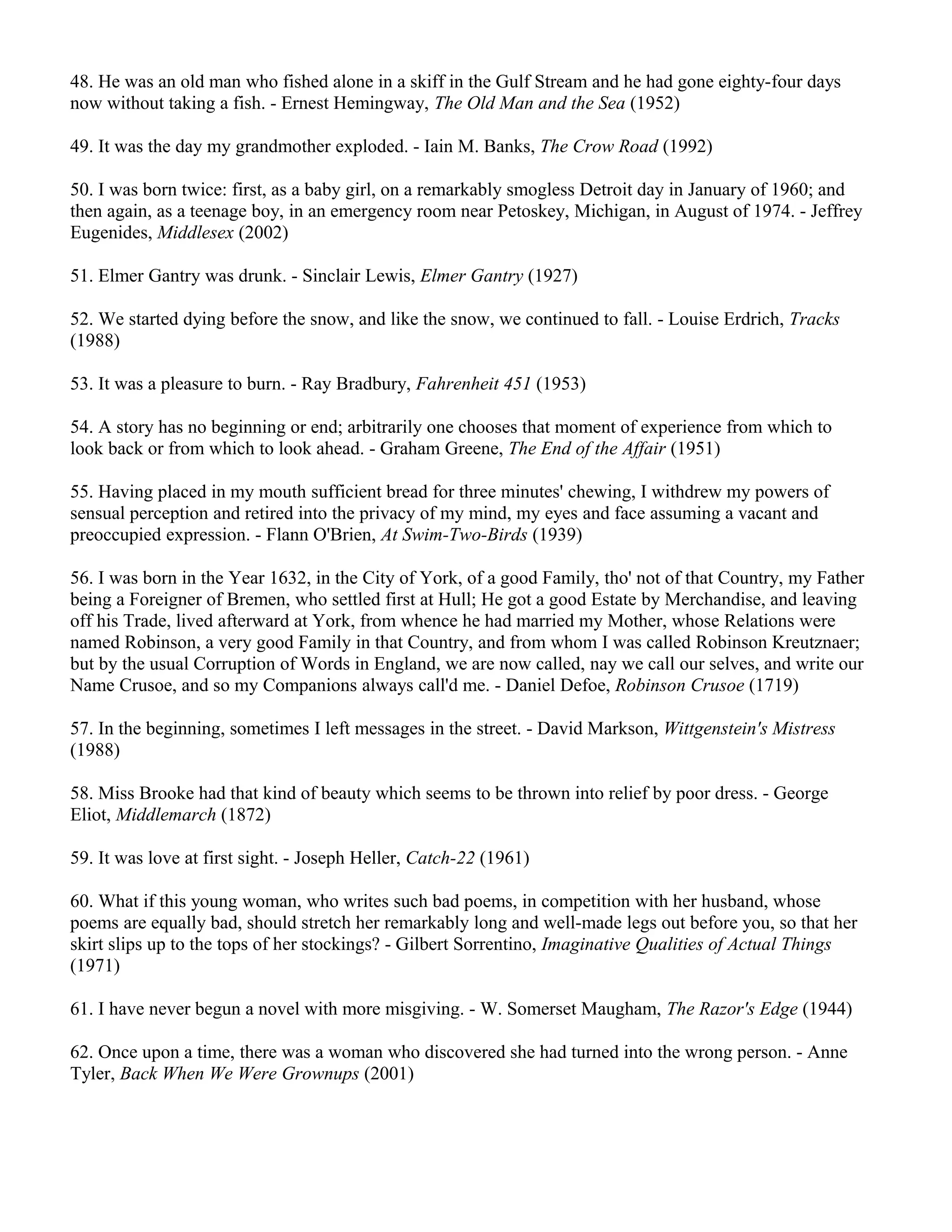 100 best first lines from novels | DOC | Fiction | Books and Literature