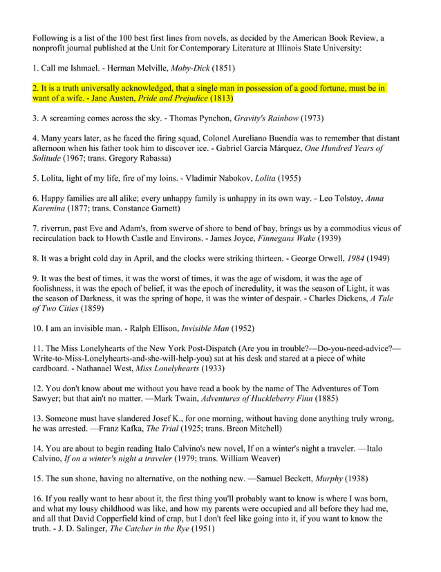 100 best first lines from novels | DOC | Fiction | Books and Literature