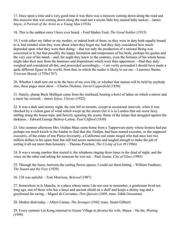 100 best first lines from novels | DOC | Fiction | Books and Literature