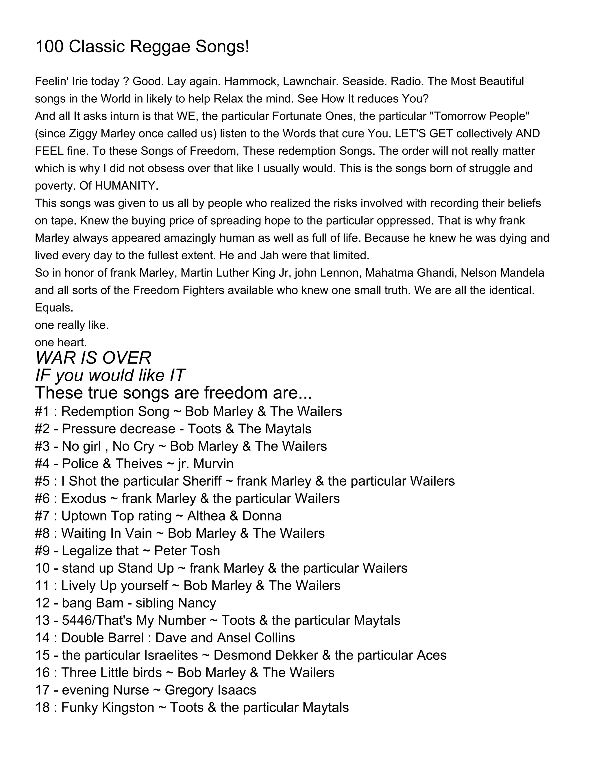 100 Classic Reggae Songs! | PDF