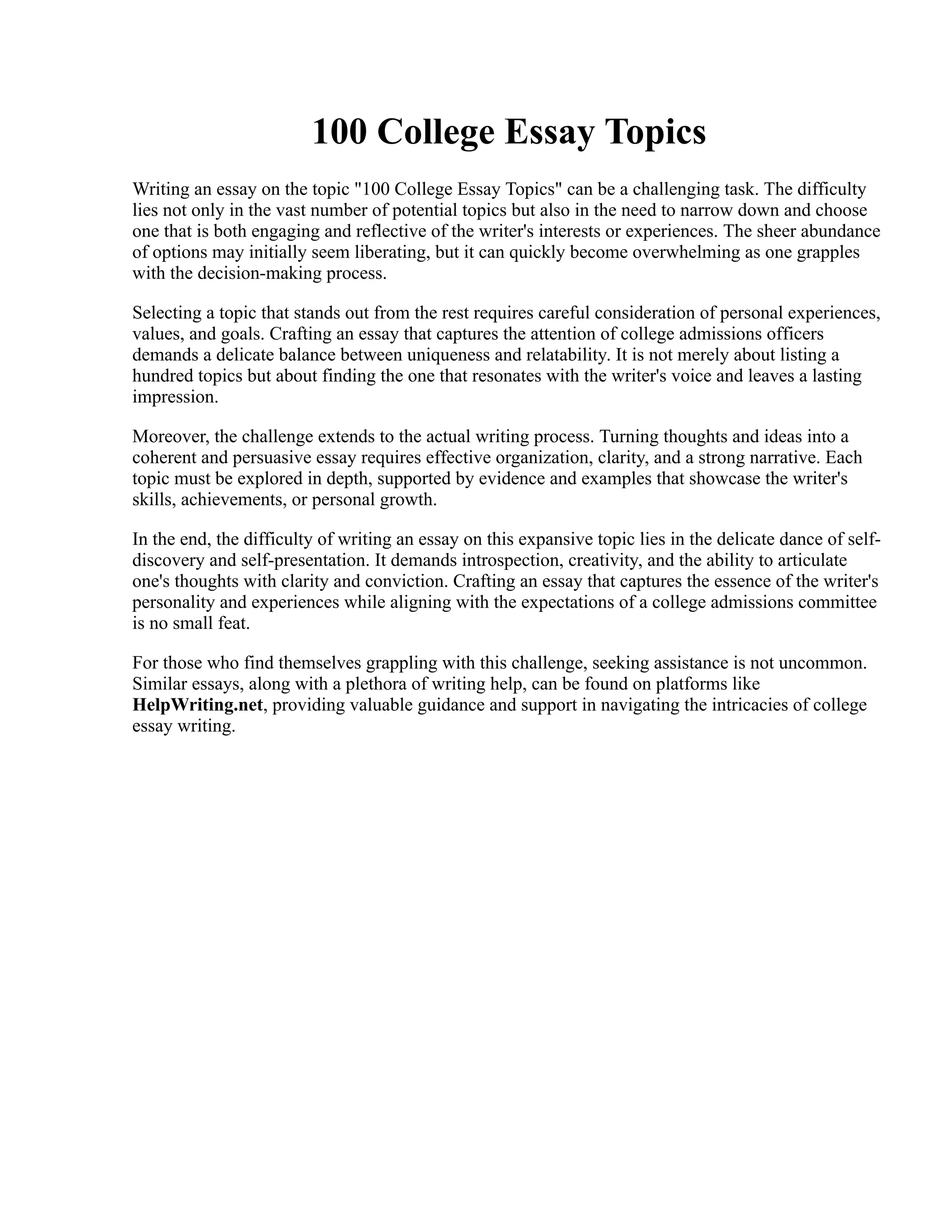 100 College Essay Topics | PDF