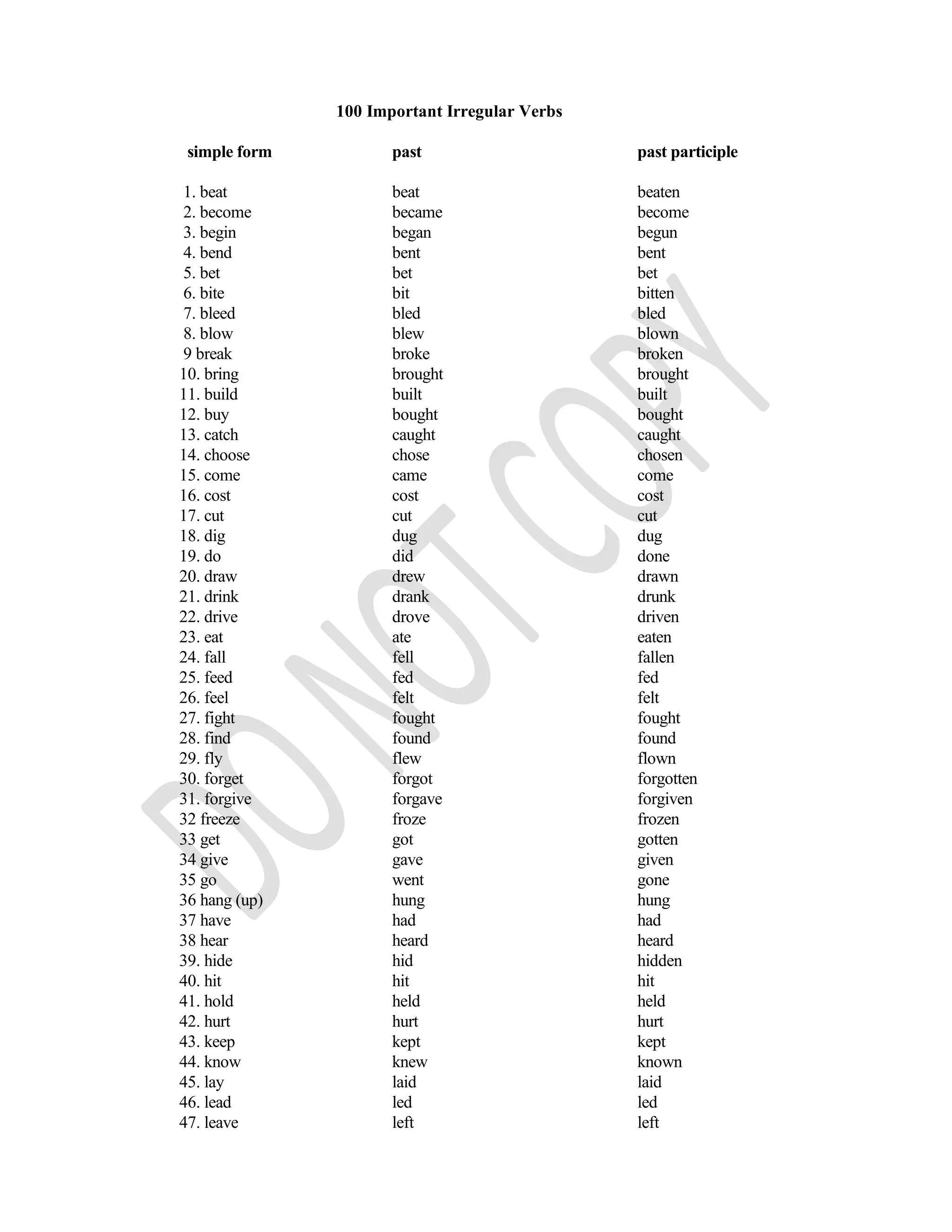 100 Irregular Verbs | PDF