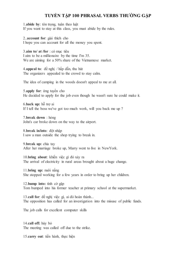 100 phrasal verbs | DOCX | Running and Jogging | Fitness and Exercise