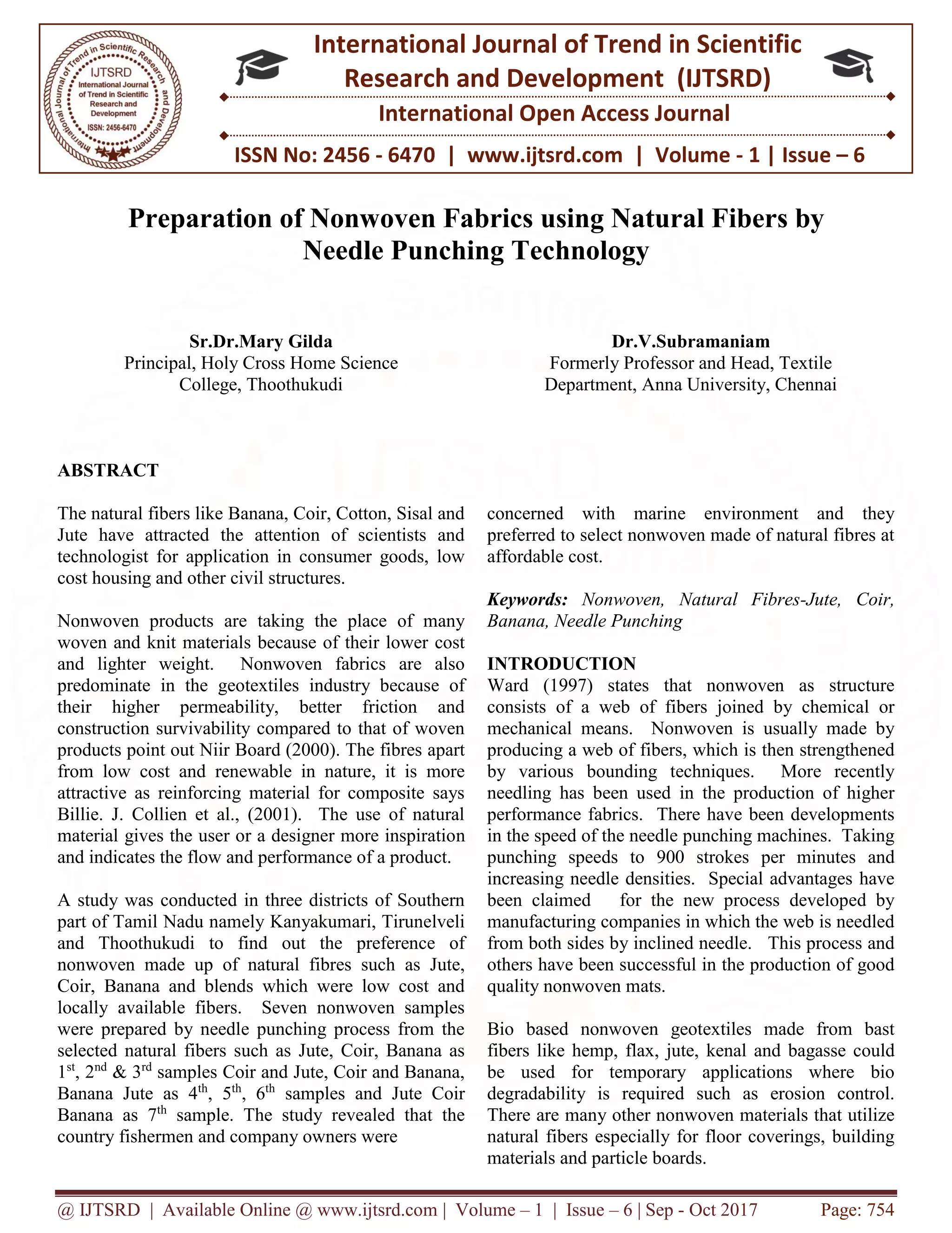 Preparation of Nonwoven Fabrics using Natural Fibers by Needle Punching ...