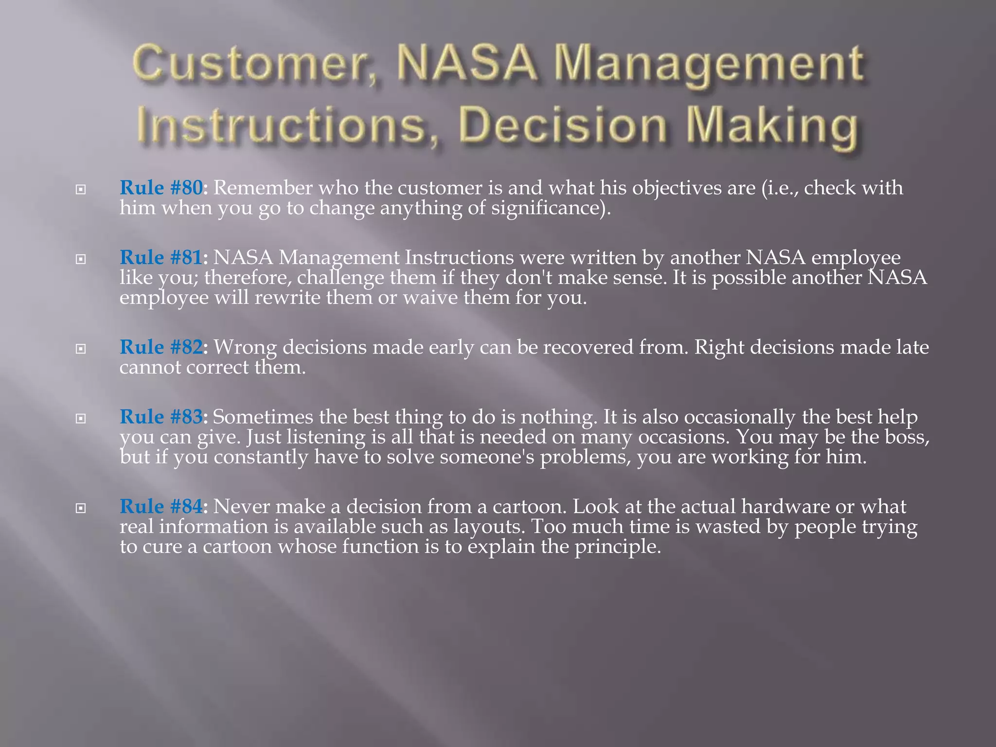 100 rules for nasa project managers | PPT