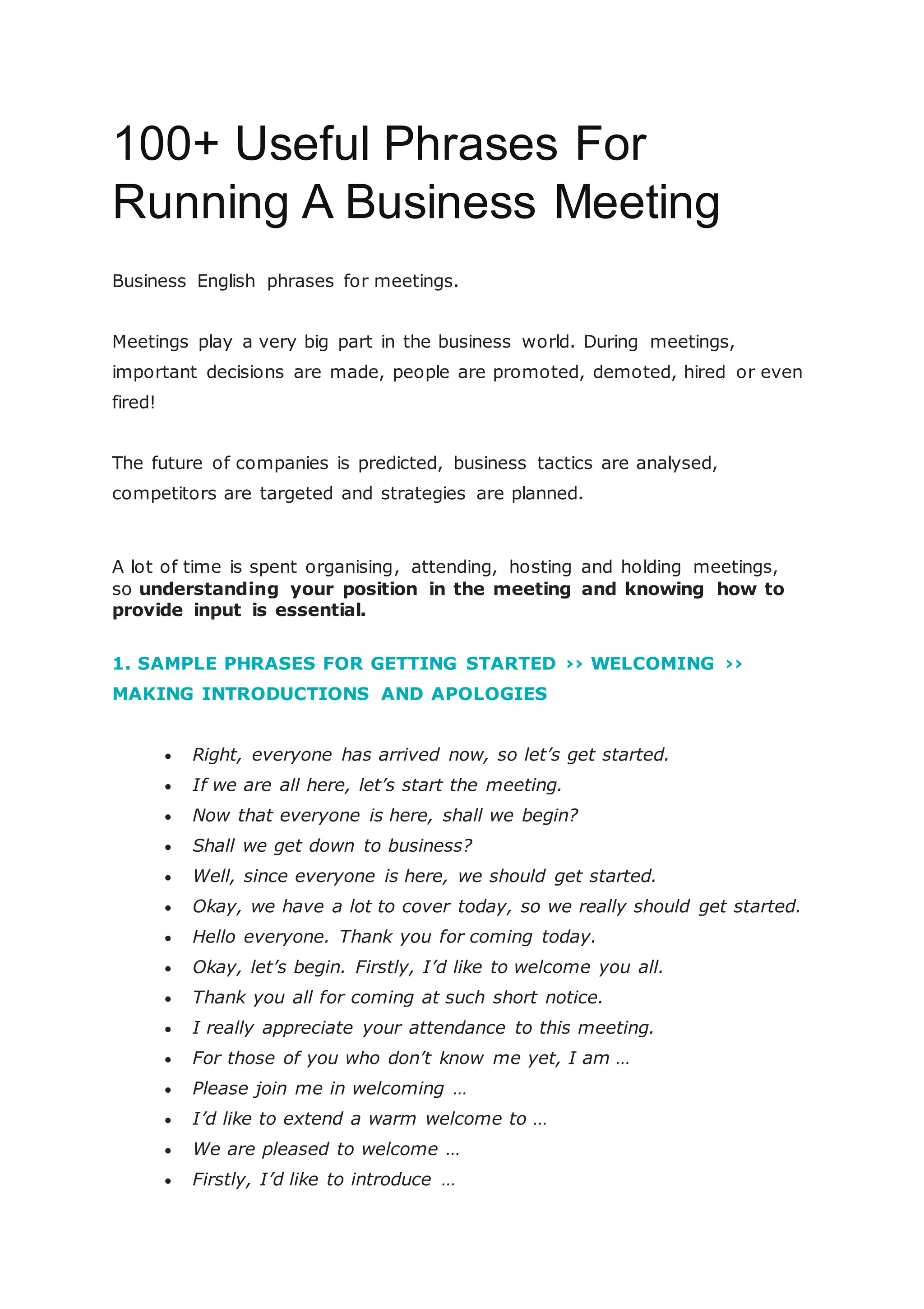 100+ useful phrases for running a Business Meeting | DOCX