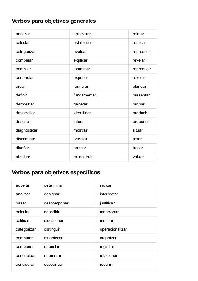 100 verbos para objetivos generales y específicos