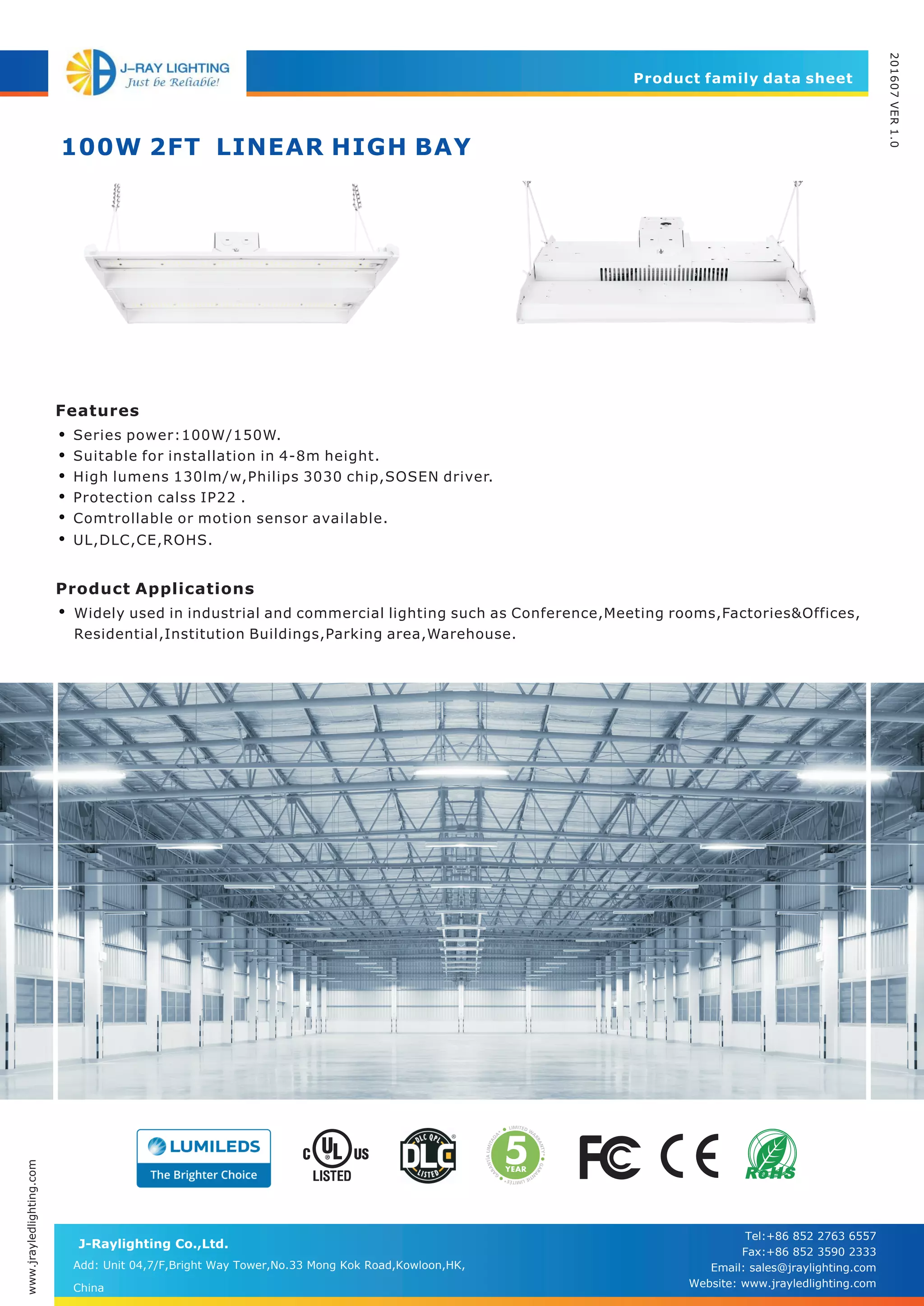 2F Linear LED High Bay Lights 100w SPECS-J-Ray Lighting | PDF