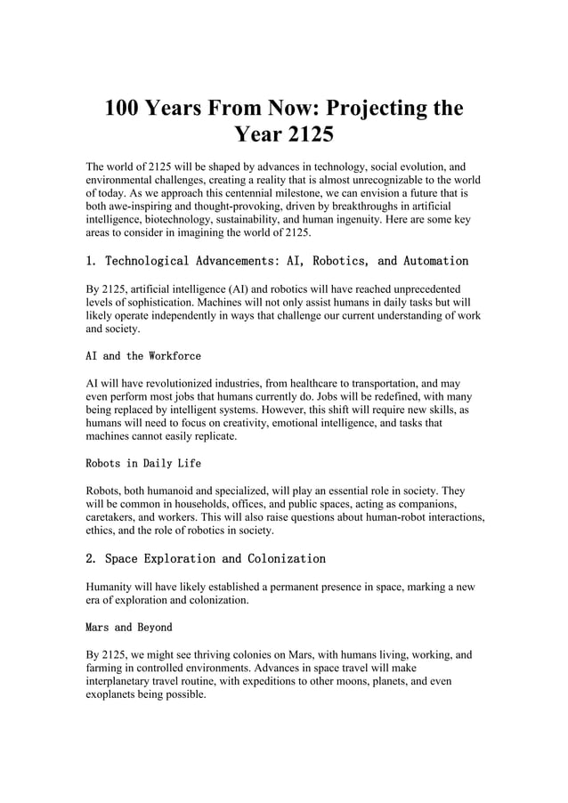 100 Years From Now: Projecting the Year 2125 | PDF