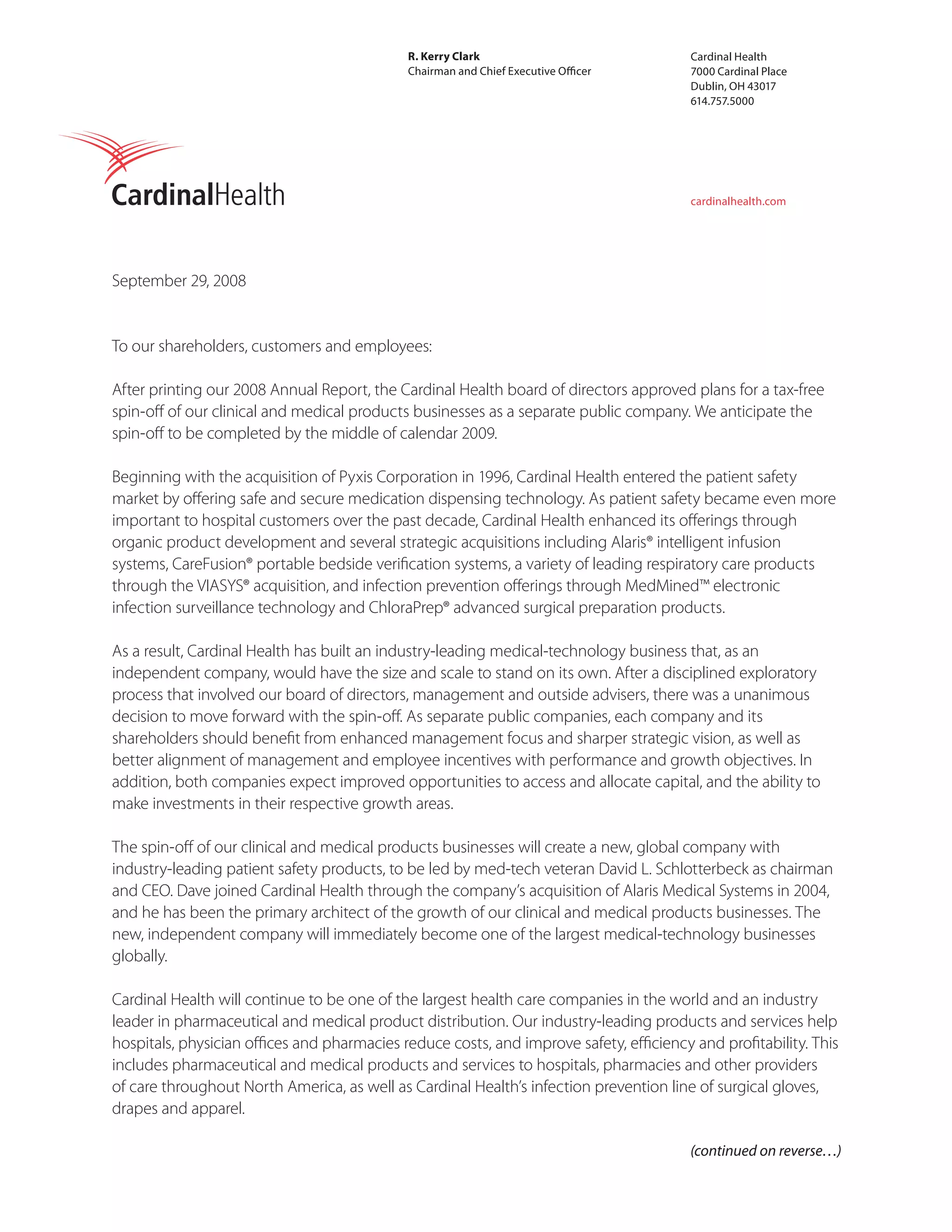 cardinal health 2008 Shareholder Letter | PDF