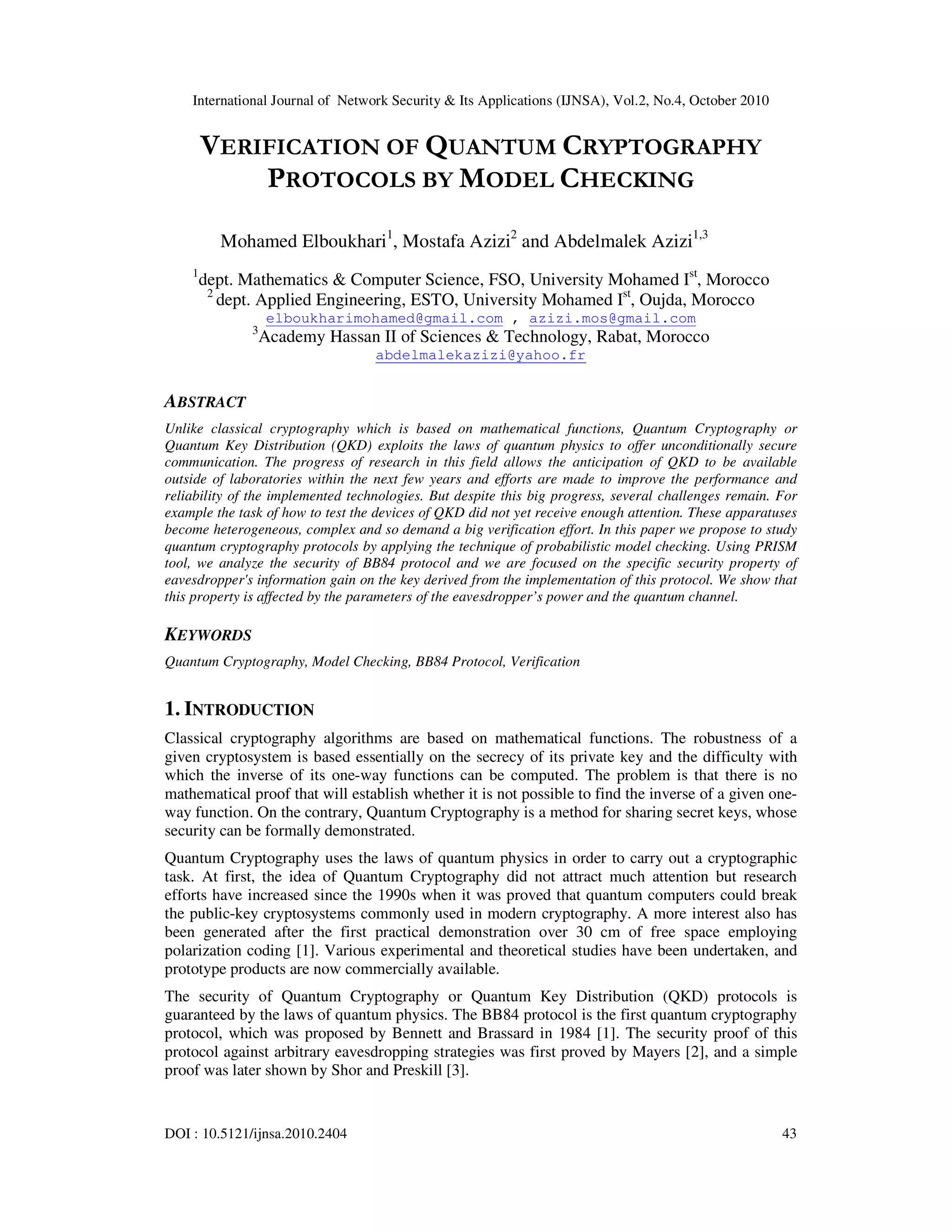 VERIFICATION OF QUANTUM CRYPTOGRAPHY PROTOCOLS BY MODEL CHECKING1010ijnsa04 | PDF