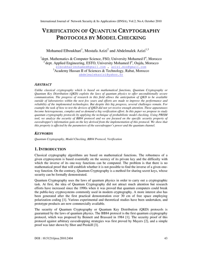 VERIFICATION OF QUANTUM CRYPTOGRAPHY PROTOCOLS BY MODEL CHECKING1010ijnsa04 | PDF