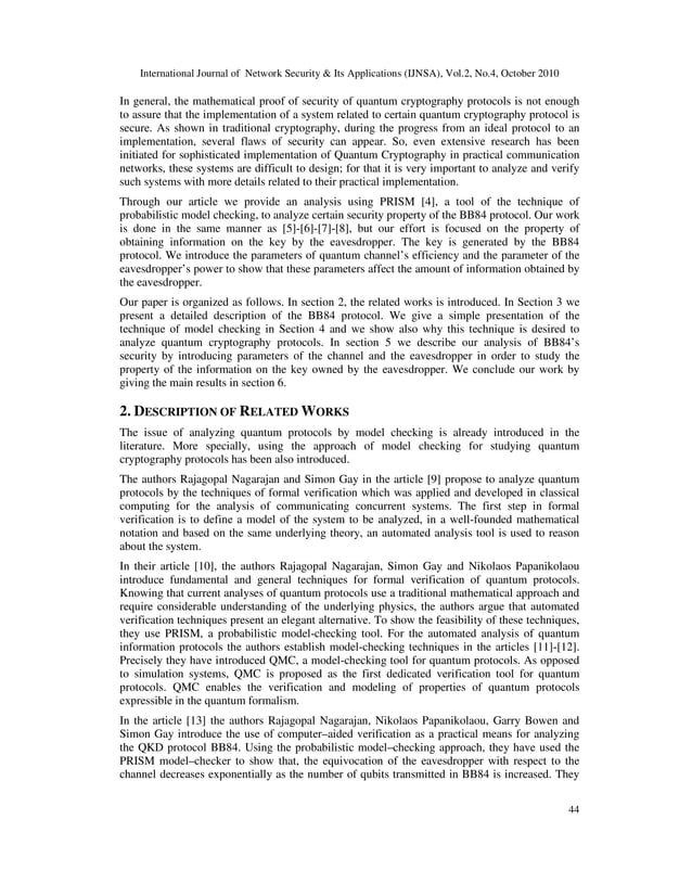 VERIFICATION OF QUANTUM CRYPTOGRAPHY PROTOCOLS BY MODEL CHECKING1010ijnsa04 | PDF