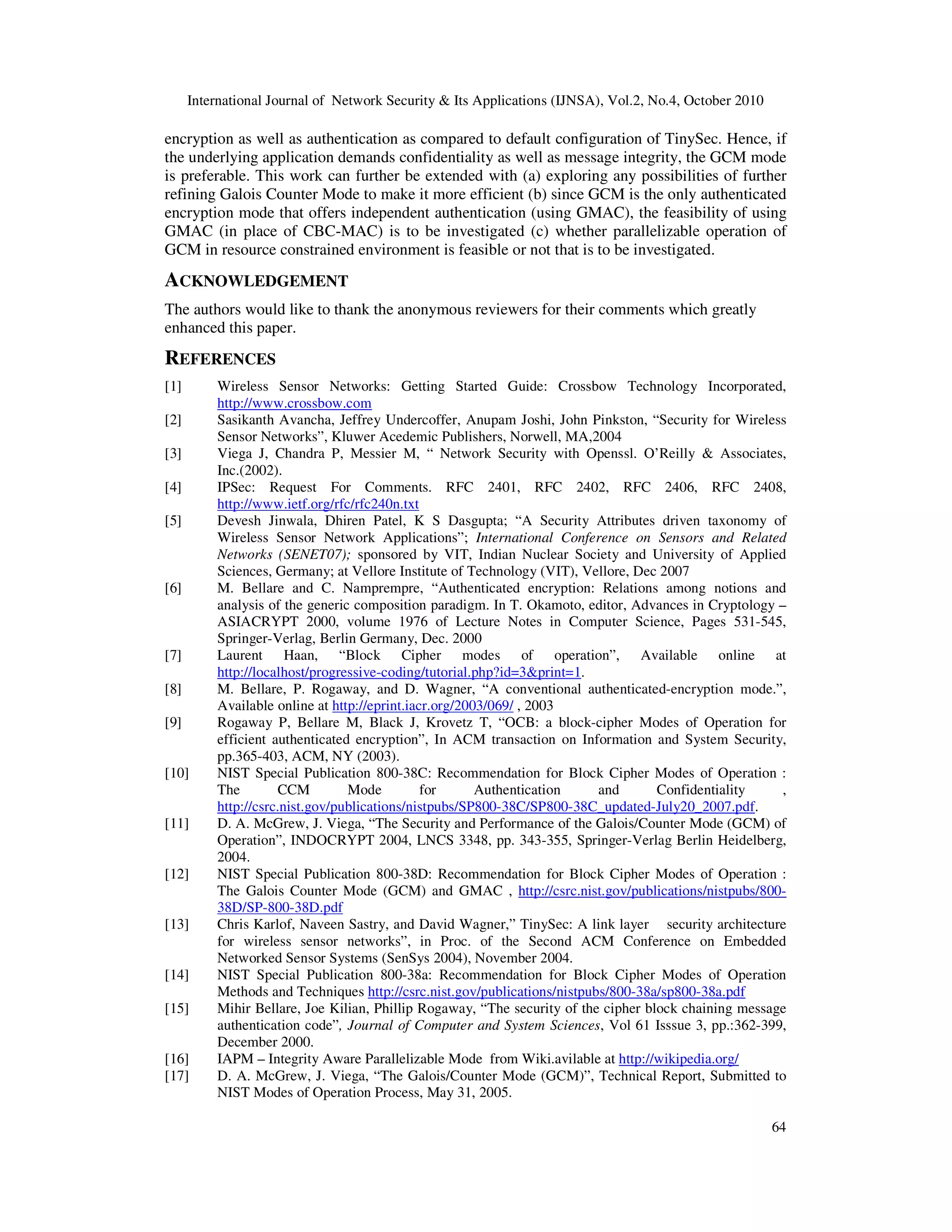 EVALUATING GALOIS COUNTER MODE IN LINK LAYER SECURITY ARCHITECTURE FOR WIRELESS SENSOR NETWORKS ...