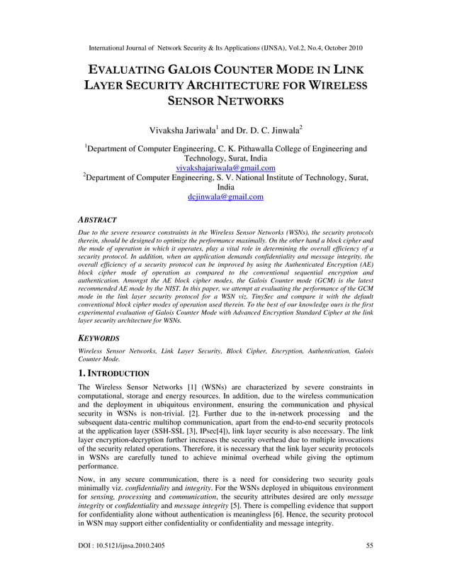 EVALUATING GALOIS COUNTER MODE IN LINK LAYER SECURITY ARCHITECTURE FOR ...