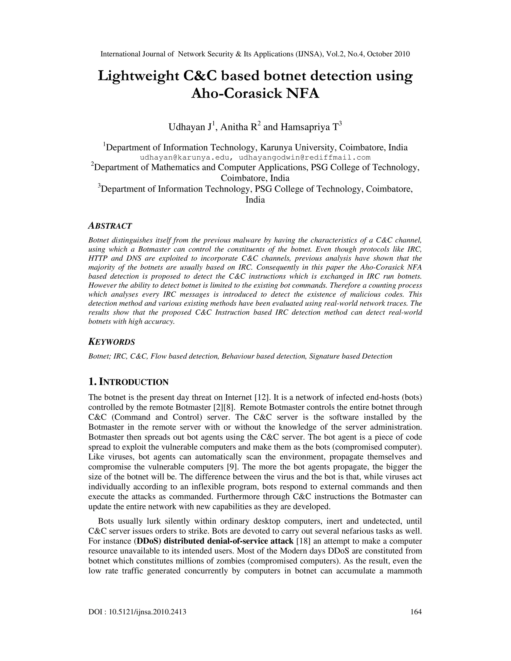 Lightweight C&C based botnet detection using Aho-Corasick NFA | PDF