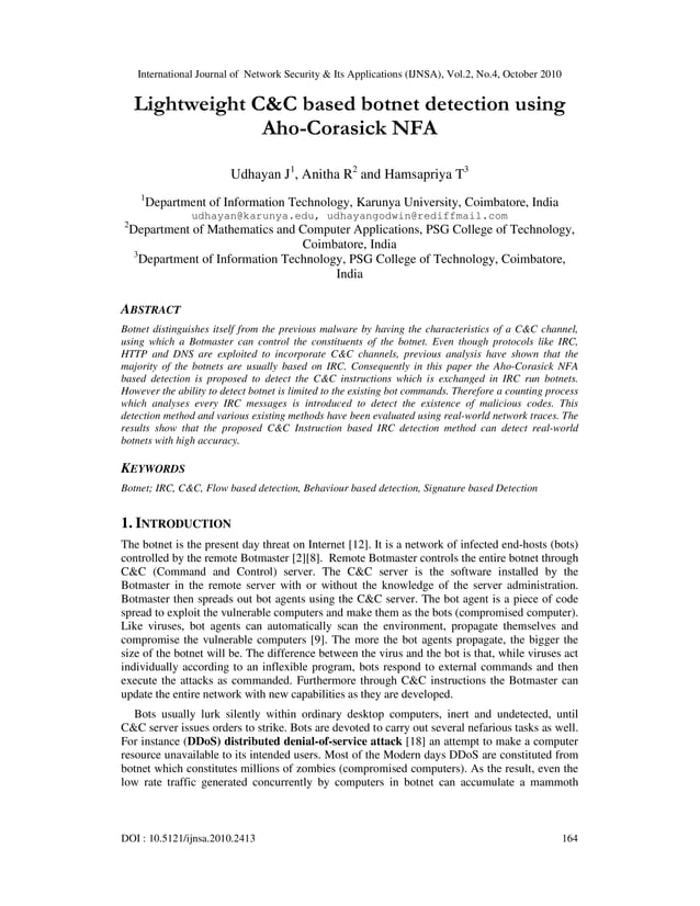 Lightweight C&C based botnet detection using Aho-Corasick NFA | PDF
