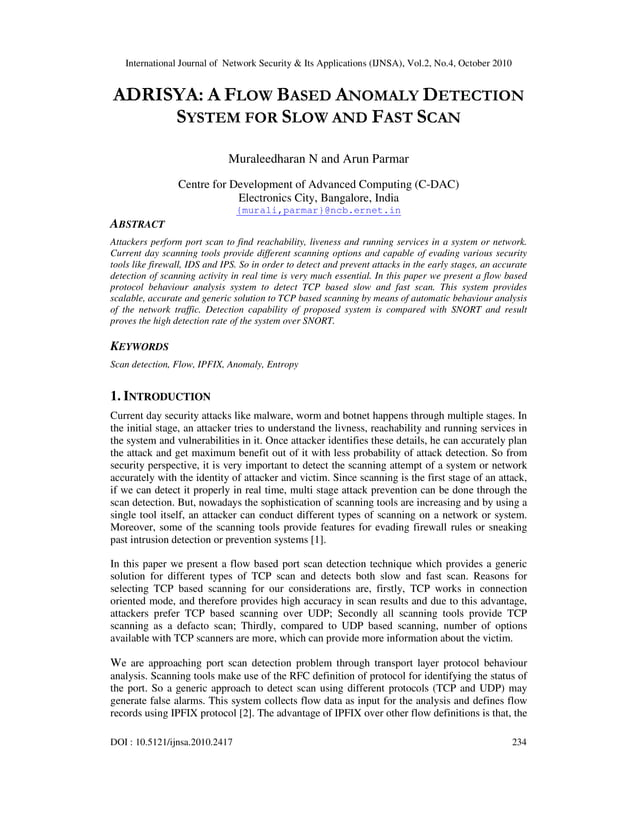 ADRISYA: A FLOW BASED ANOMALY DETECTION SYSTEM FOR SLOW AND FAST SCAN | PDF