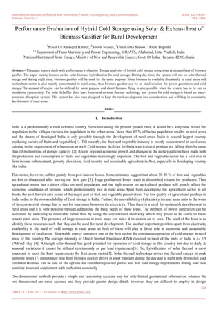 Performance Evaluation of Hybrid Cold Storage using Solar & Exhaust ...