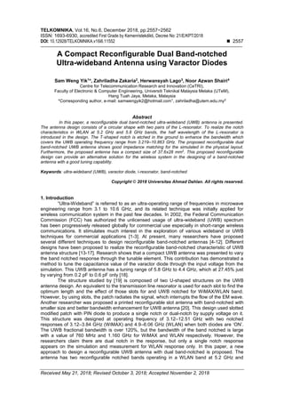 A Compact Reconfigurable Dual Band-notched Ultra-wideband Antenna using Varactor Diodes | PDF