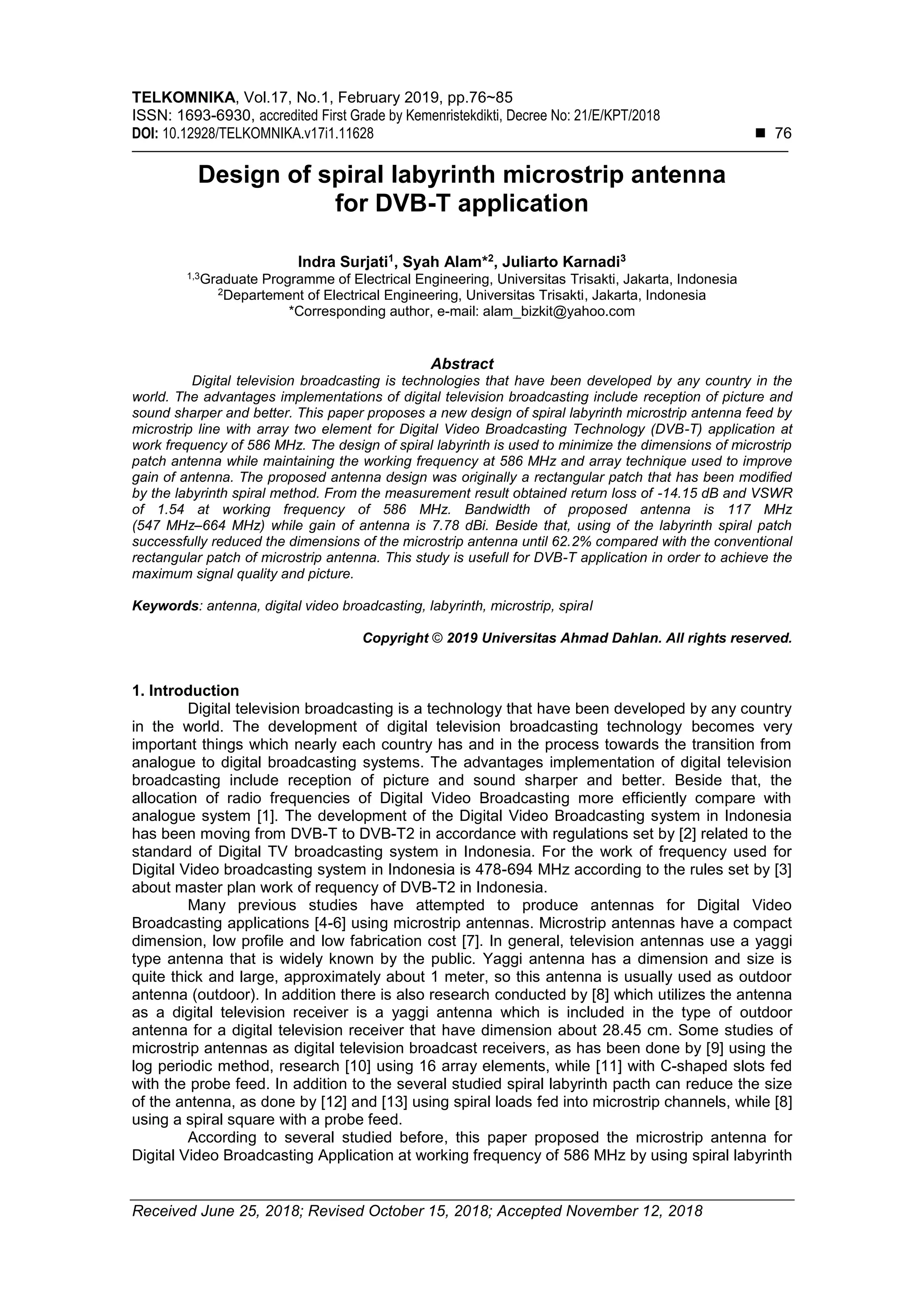 Design of spiral labyrinth microstrip antenna for DVB-T application | PDF