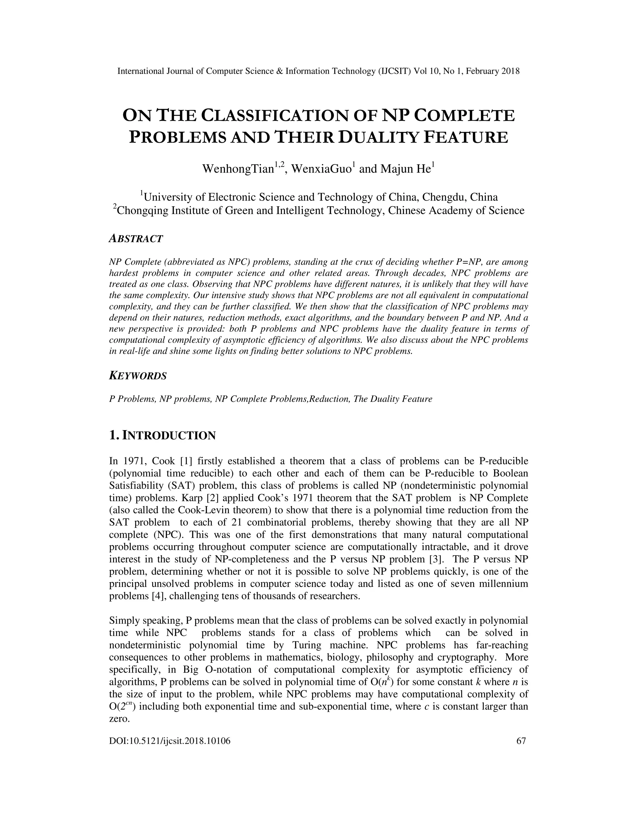 ON THE CLASSIFICATION OF NP COMPLETE PROBLEMS AND THEIR DUALITY FEATURE | PDF