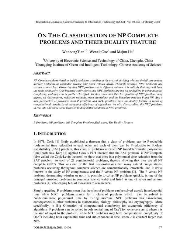 ON THE CLASSIFICATION OF NP COMPLETE PROBLEMS AND THEIR DUALITY FEATURE | PDF