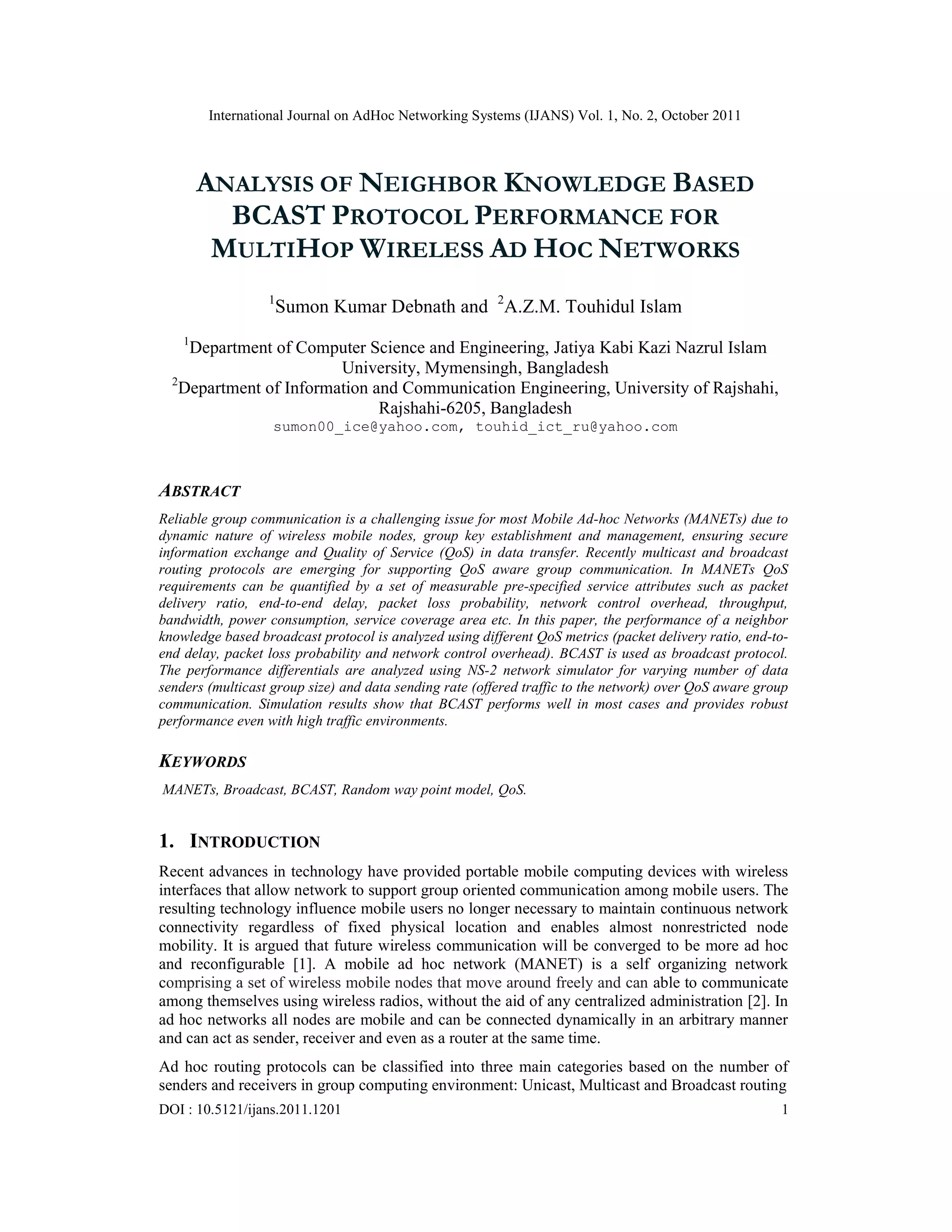Analysis of Neighbor Knowledge Based Bcast Protocol Performance For Multihop Wireless Ad Hoc ...