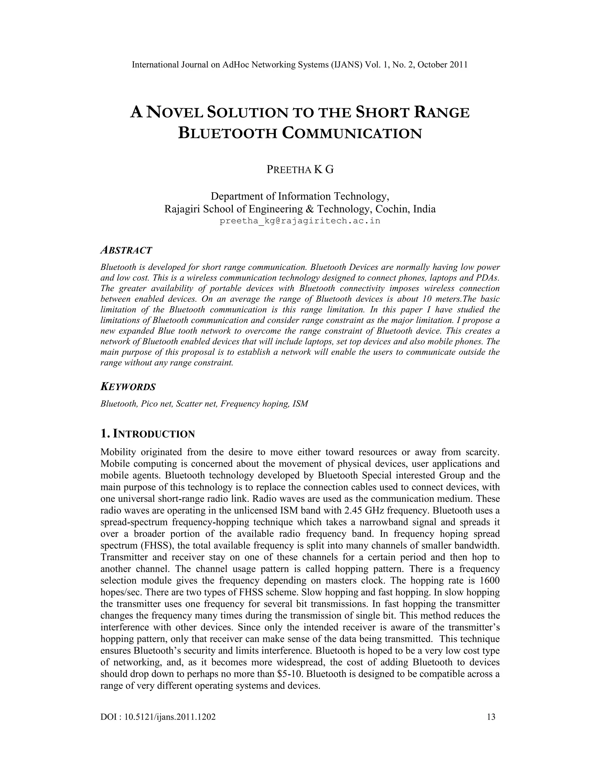 A Novel Solution To The Short Range Bluetooth Communication | PDF