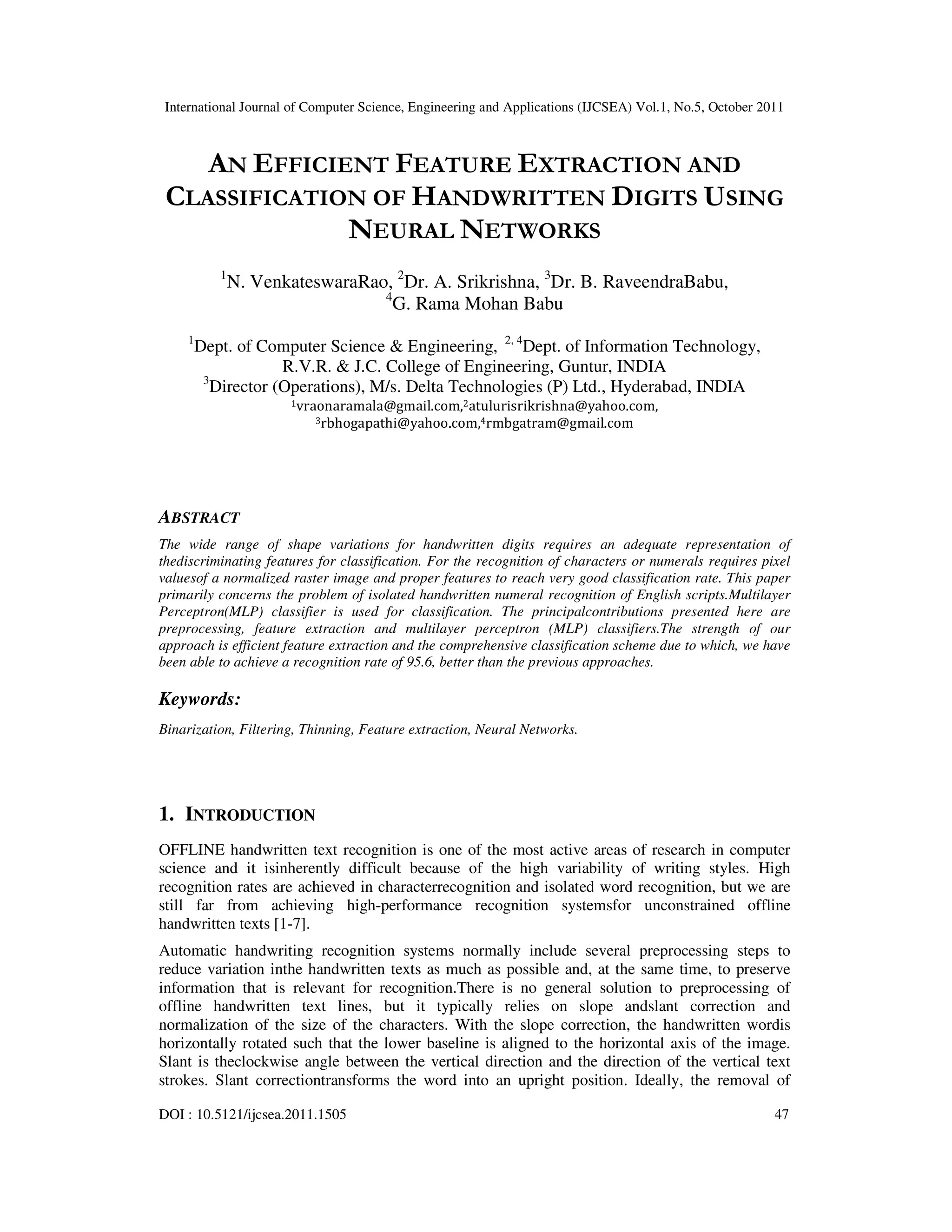 An Efficient Feature Extraction And Classification Of Handwritten Digits Using Neural Networks Pdf