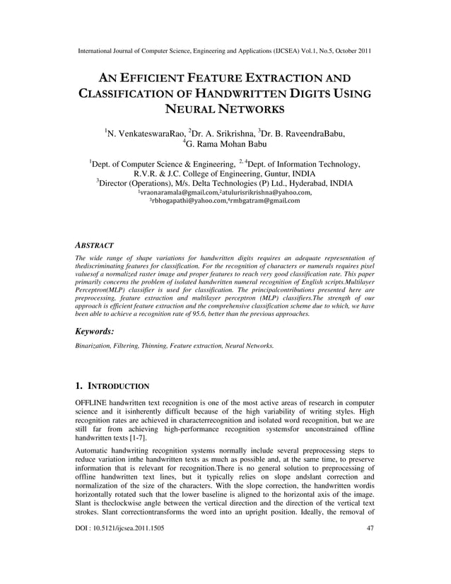 AN EFFICIENT FEATURE EXTRACTION AND CLASSIFICATION OF HANDWRITTEN DIGITS USING NEURAL NETWORKS | PDF