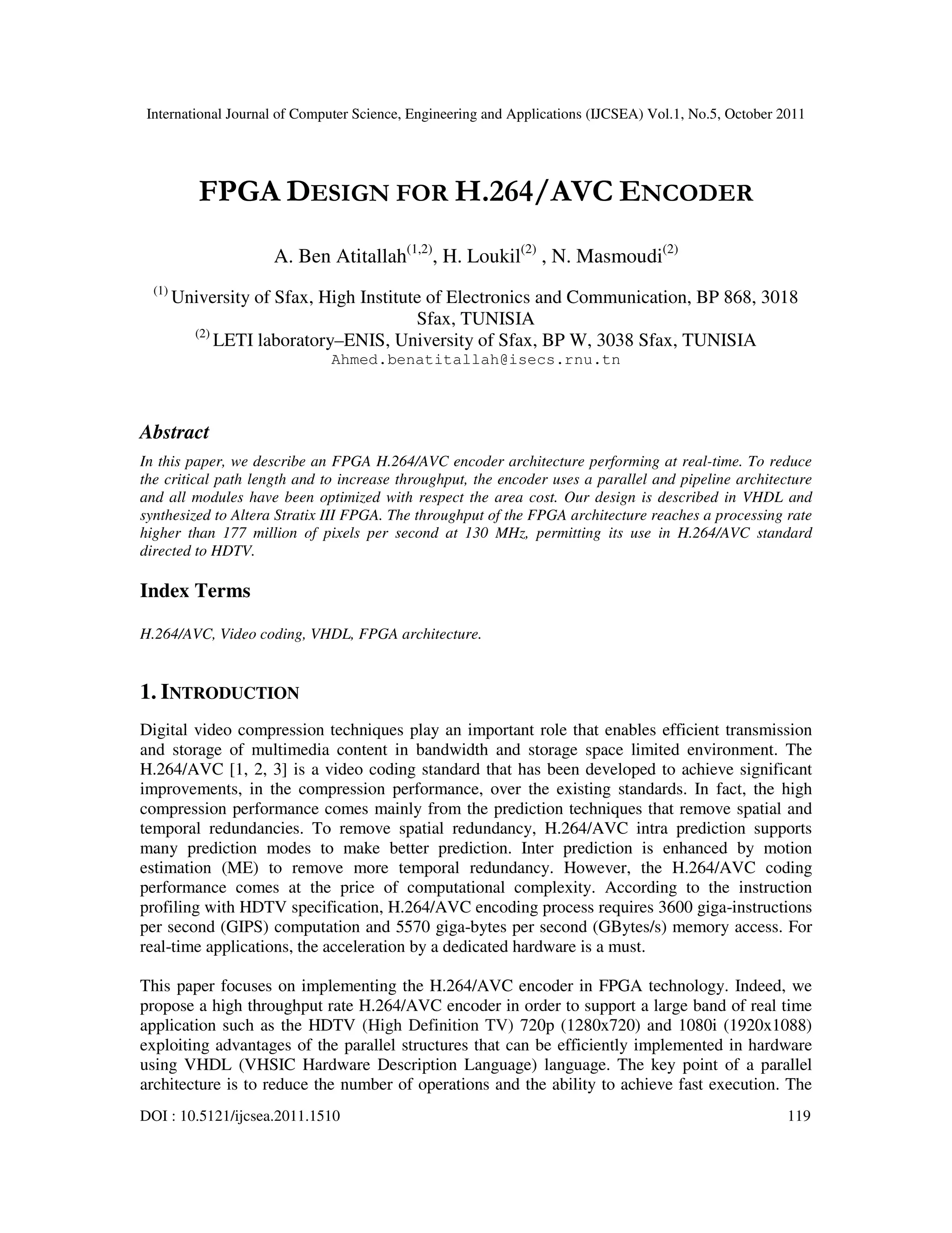 FPGA DESIGN FOR H.264/AVC ENCODER | PDF