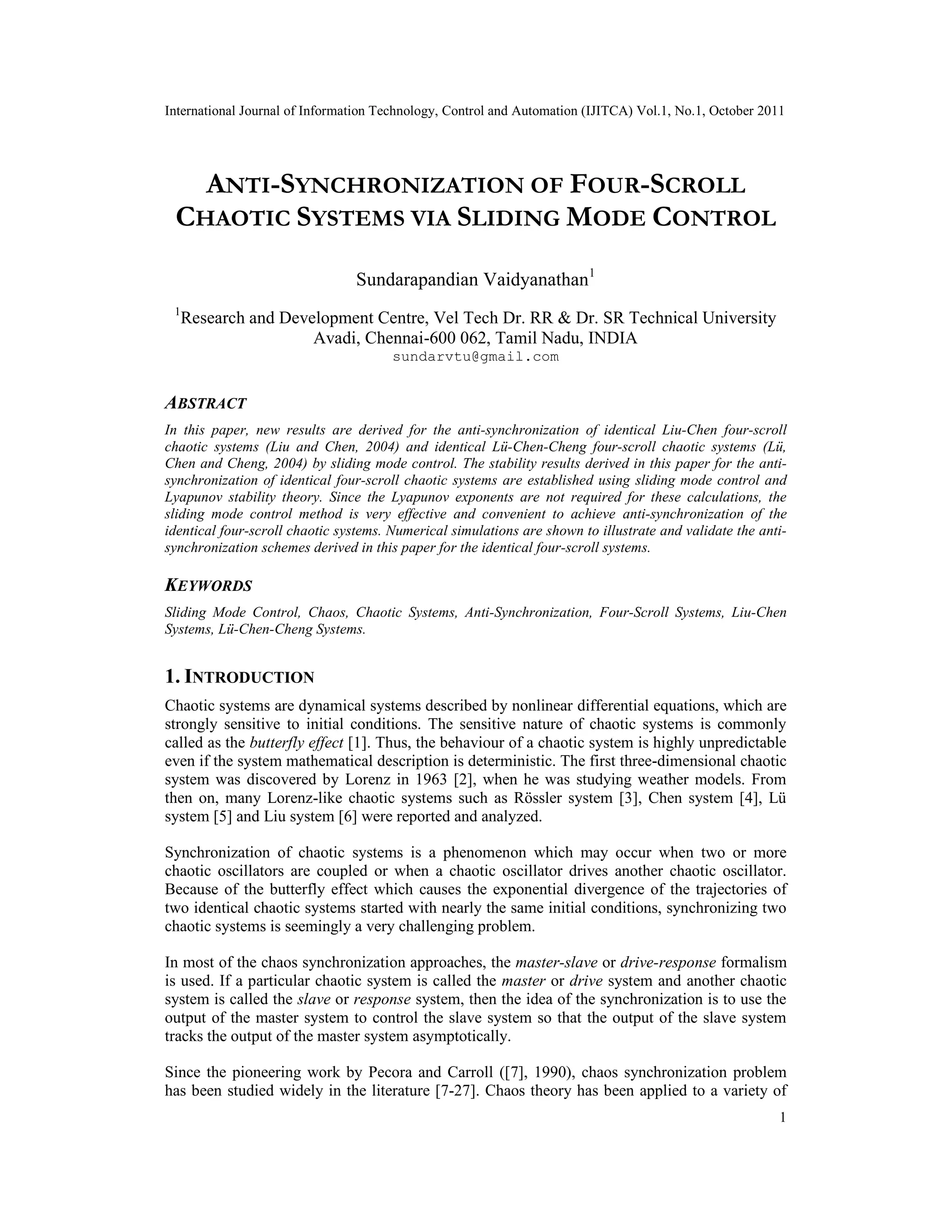 Anti Synchronization Of Four Scroll Chaotic Systems Via Sliding Mode Control Pdf Physics