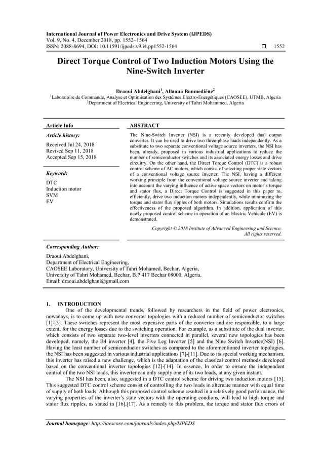 Direct Torque Control of Two Induction Motors Using the Nine-Switch ...