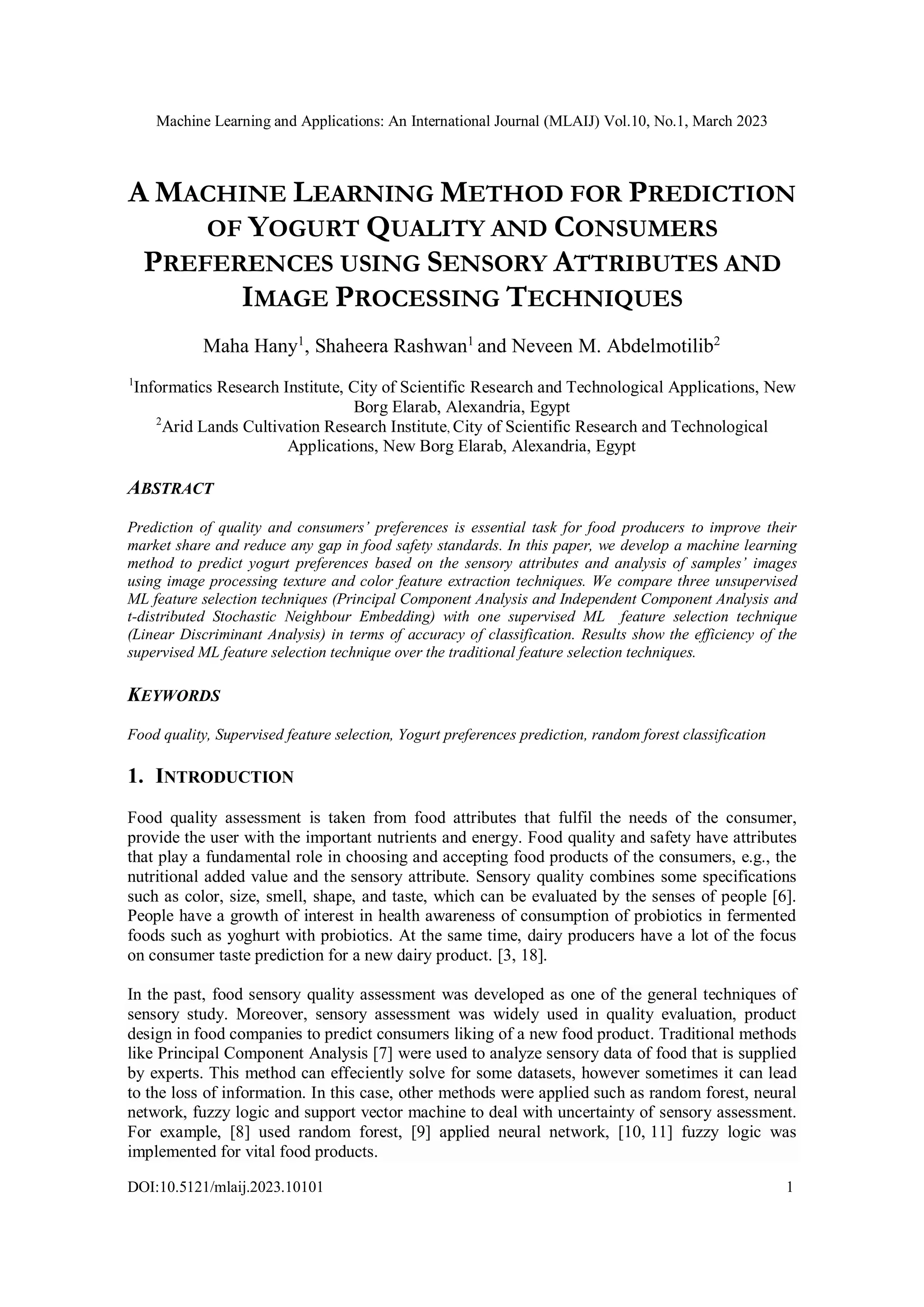 A MACHINE LEARNING METHOD FOR PREDICTION OF YOGURT QUALITY AND CONSUMERS PREFERENCES USING ...