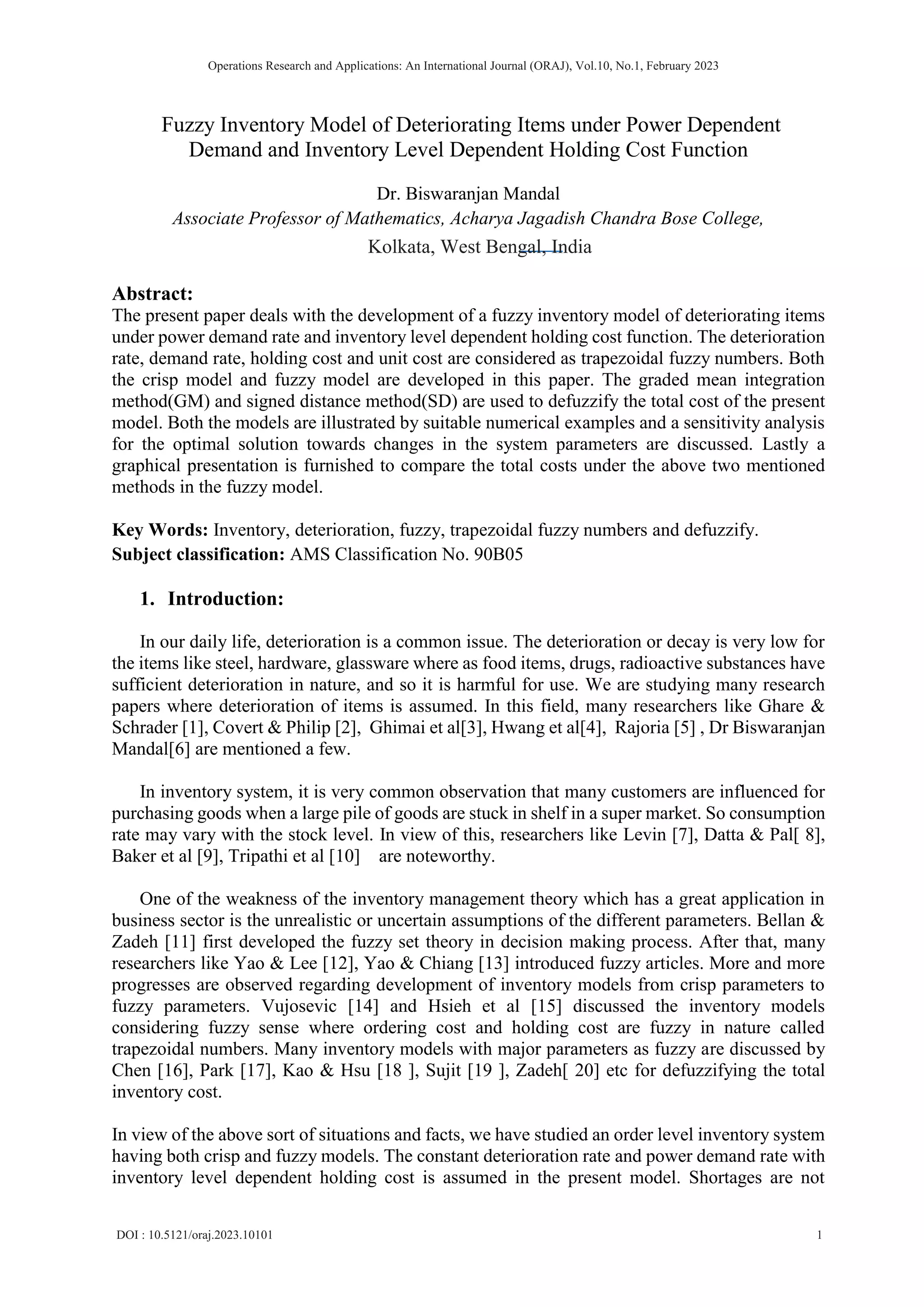 Fuzzy Inventory Model Of Deteriorating Items Under Power Dependent Demand And Inventory Level