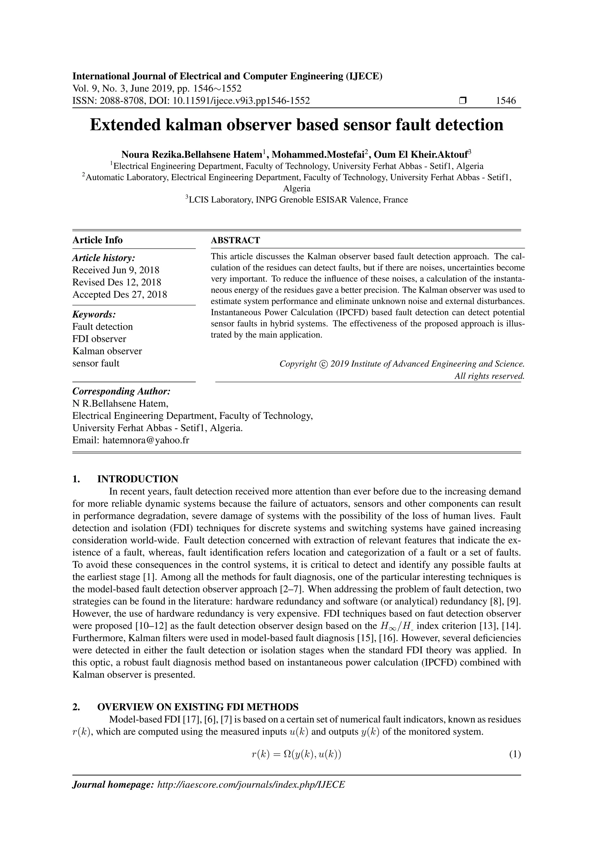 Extended Kalman observer based sensor fault detection | PDF | Chemistry | Science