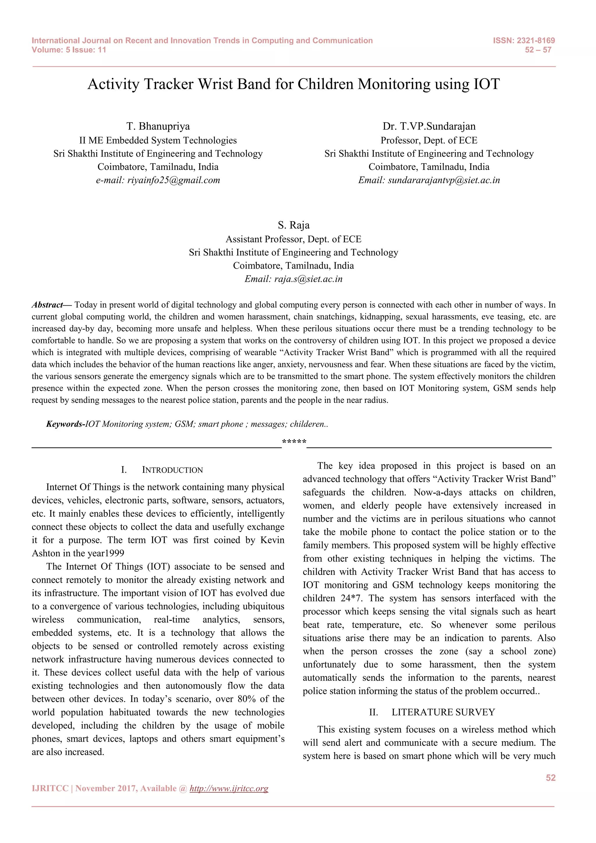 Activity Tracker Wrist Band for Children Monitoring using IOT | PDF